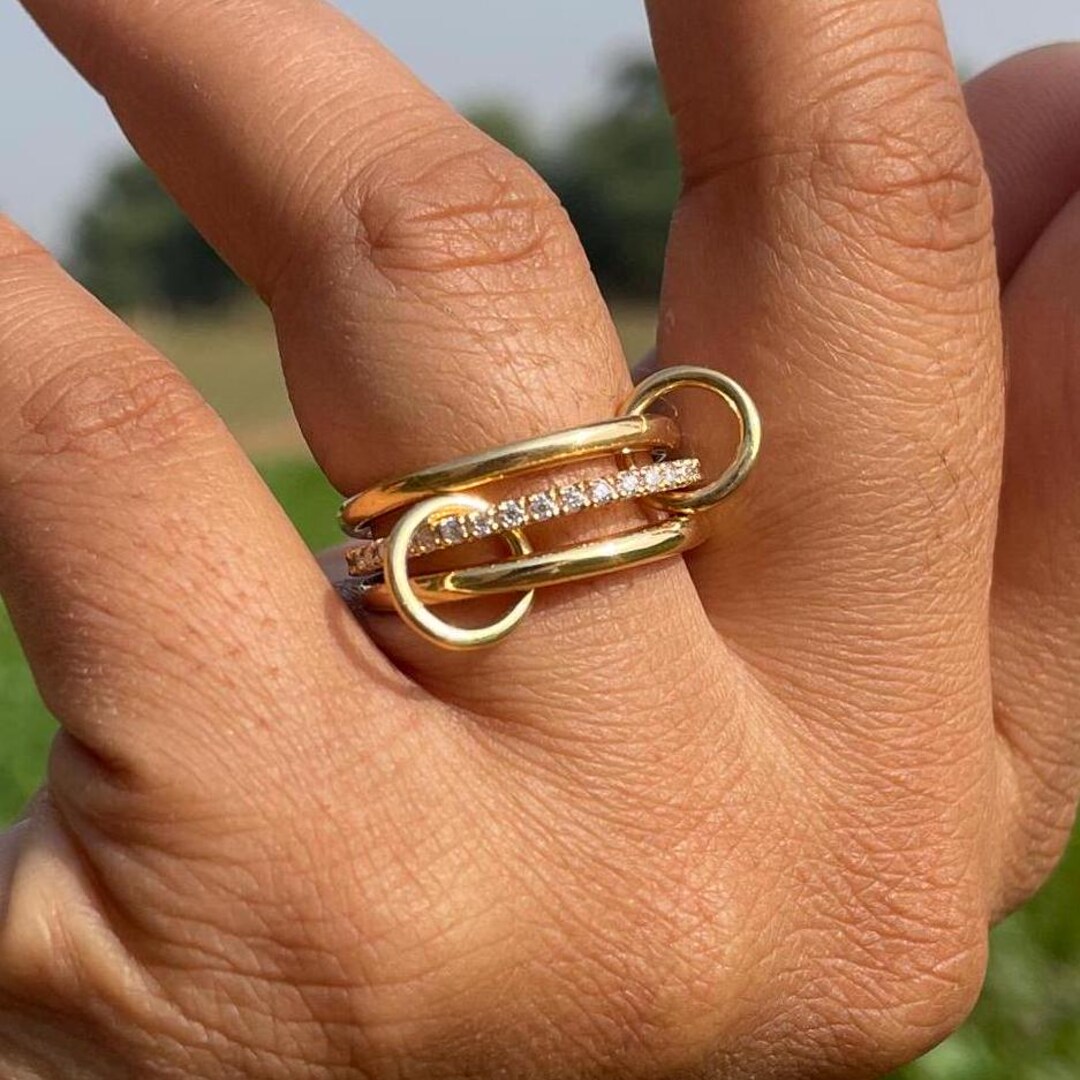 14K Solid Gold Multi Link Connected Ring Interlocking Ring Link Connected Spinner Ring Eternity ...