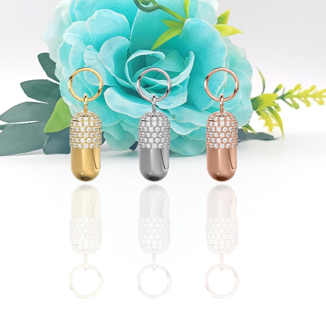 14K Gold Pill Charm, Woman Capsule Charm, Beautiful Capsule Diamond ...