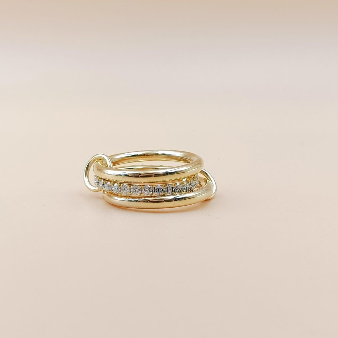 14k Gold Connector Band Ring, Interlocking Ring, Diamond Band Ring, Two ...