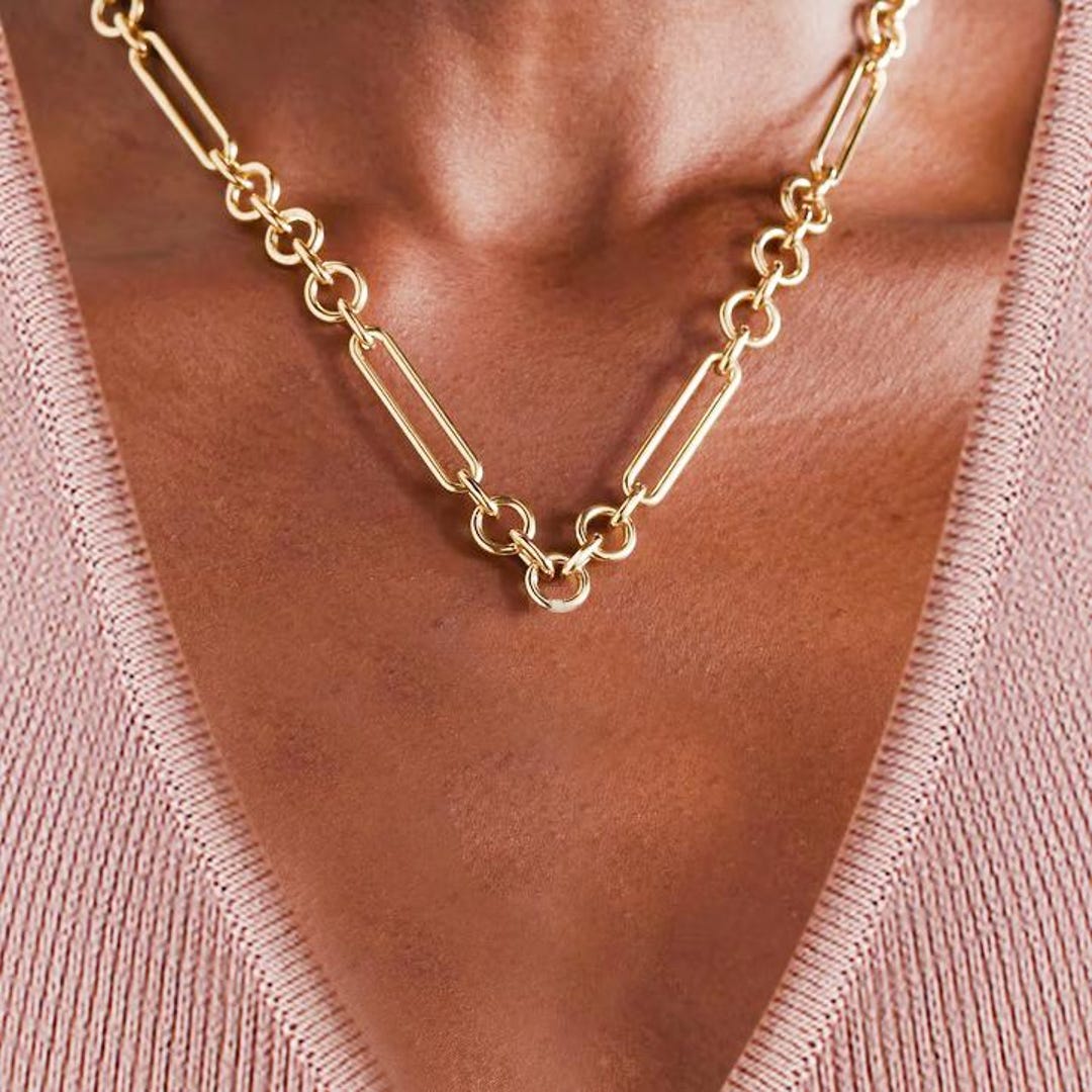 14K Gold Plated Rolo Paperclip Long Chain Necklace, Paperclip Rolo ...