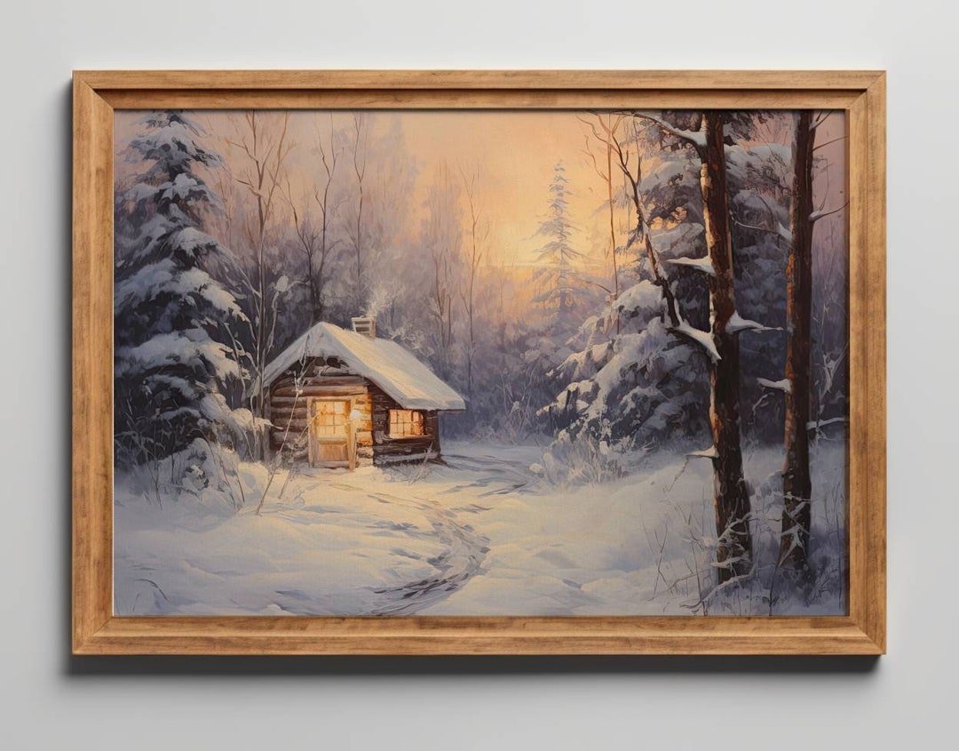 Vintage Snowy Winter Cabin Oil Painting, Beautiful Winter Print, Cold ...