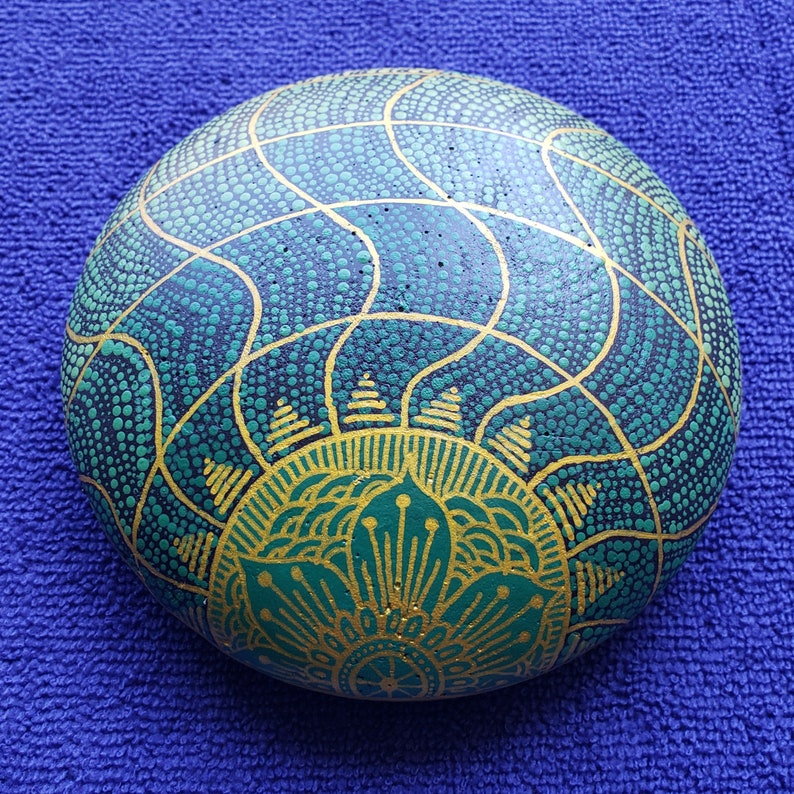 Hand Painted Mandala, Green, Gold, Sunburst, Meditation Stone, Art ...