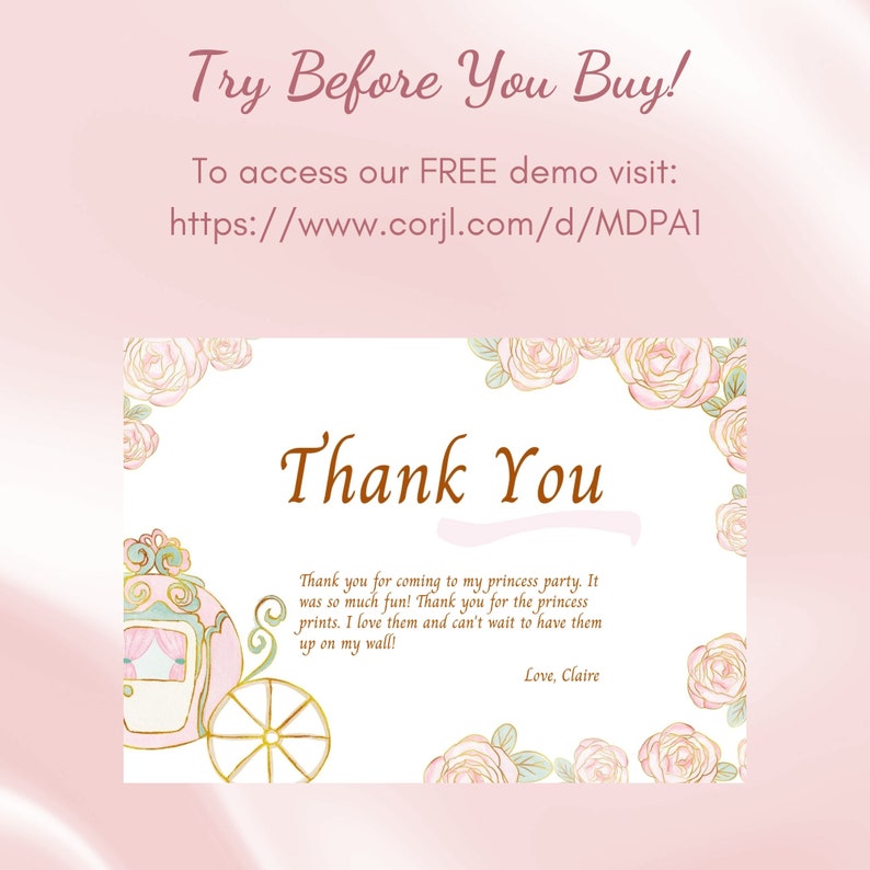 Editable Princess Thank You, Enchanting Birthday Thank You Card ...