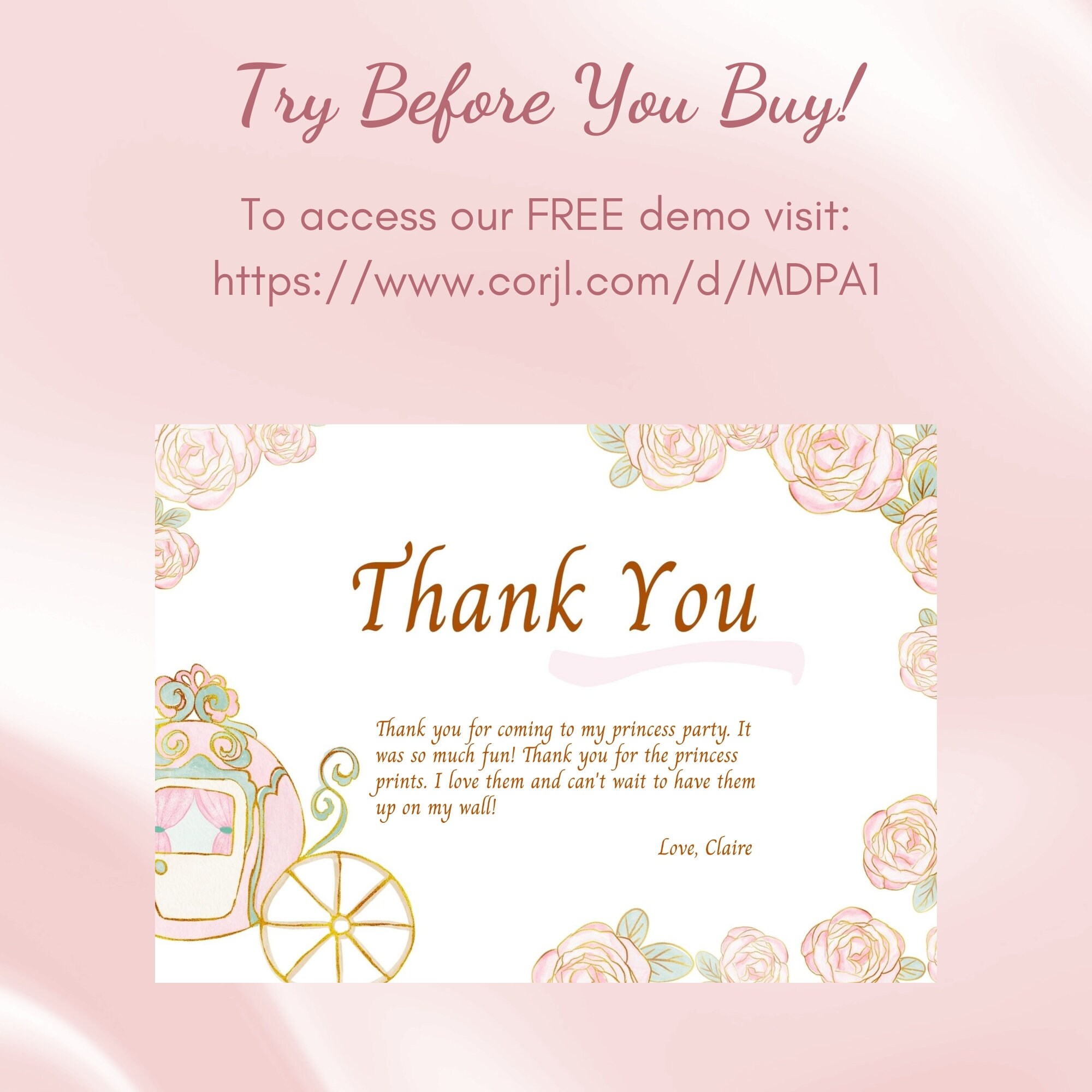 Editable Princess Thank You, Enchanting Birthday Thank You Card ...