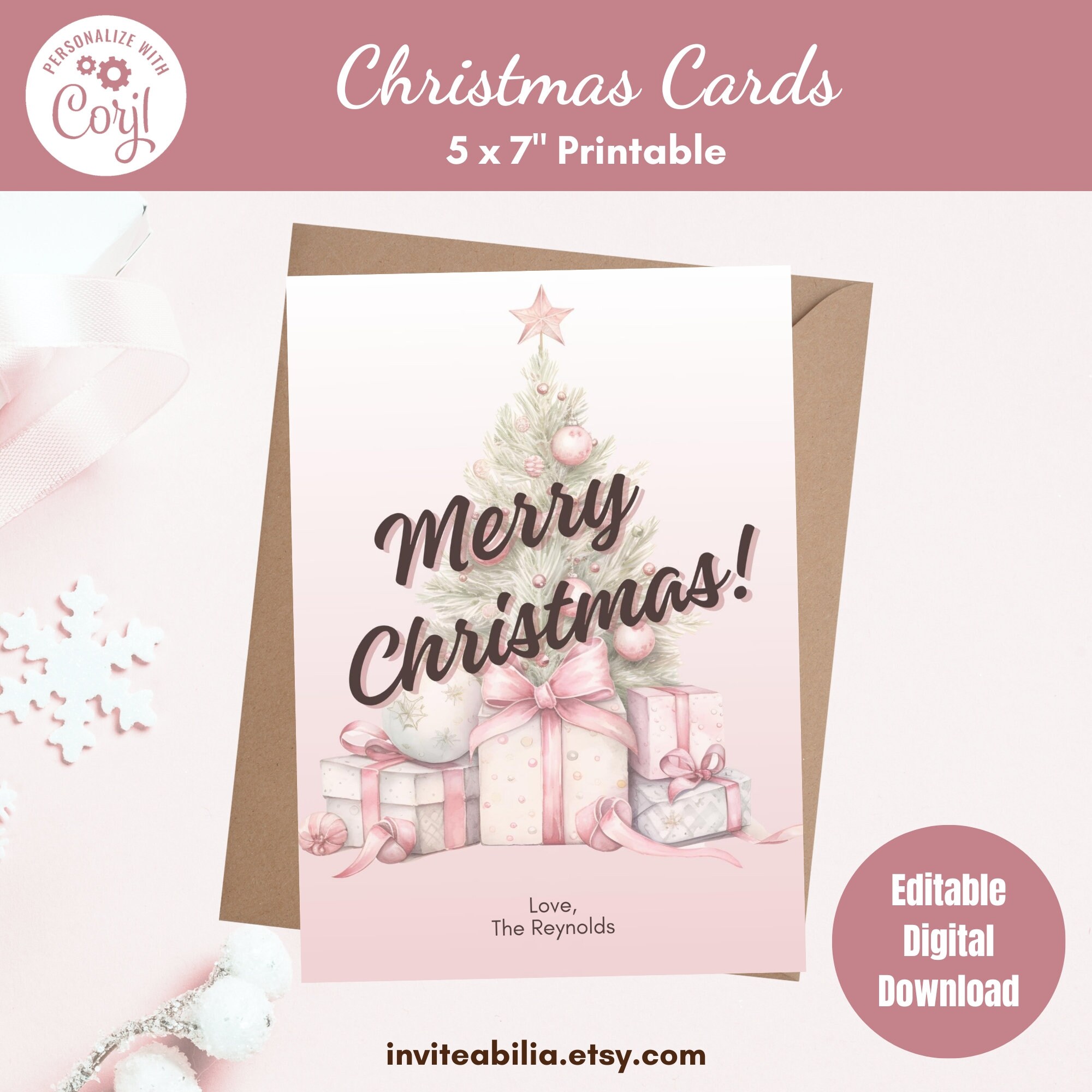 Editable Pink Vintage Christmas Cards, Nostalgic Christmas Card With ...