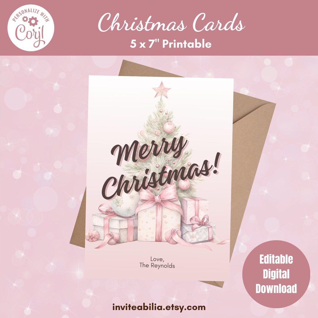 Editable Pink Vintage Christmas Cards, Nostalgic Christmas Card With ...