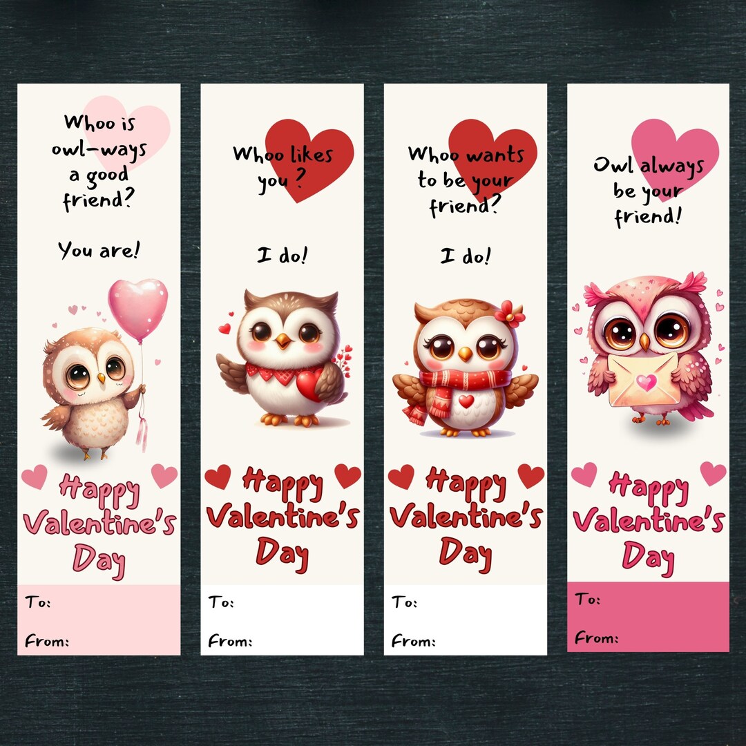 Cute Owl Valentine's Day Bookmark Cards for Kids, Animal Digital ...