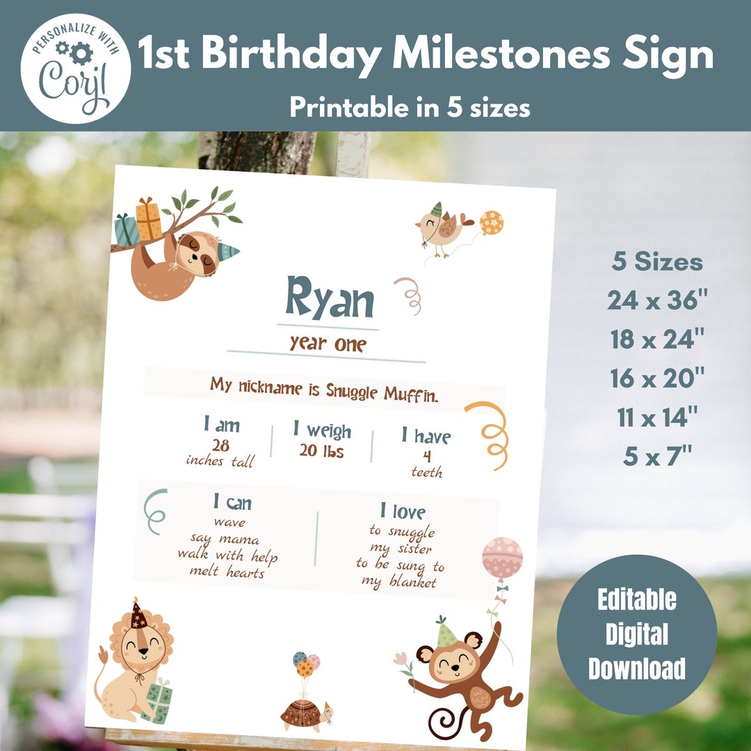 Editable 1st Birthday Milestones Sign, Wild Year One Milestones Poster ...
