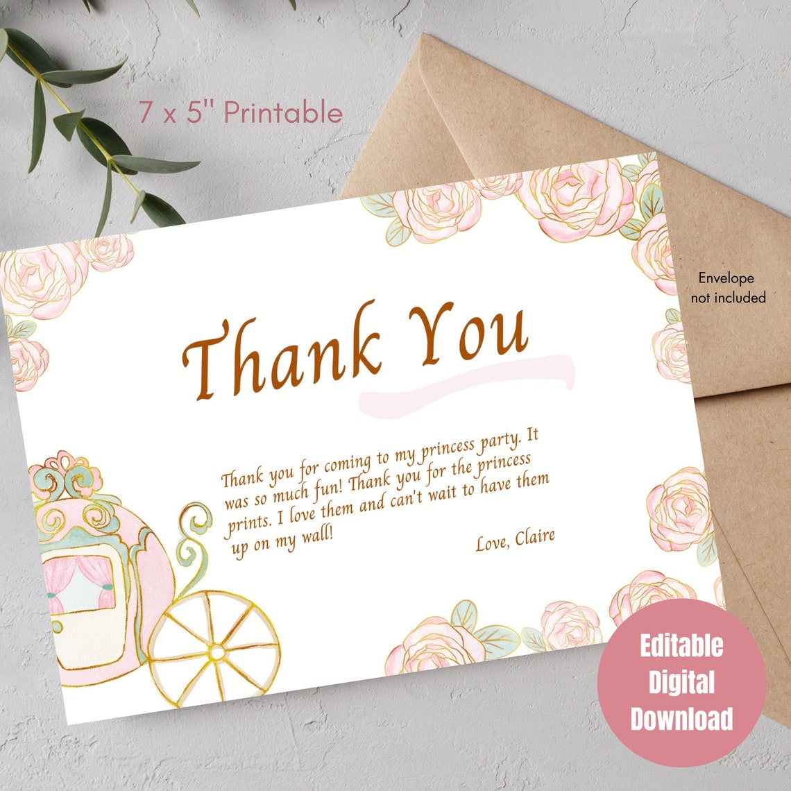 Editable Princess Thank You, Enchanting Birthday Thank You Card ...