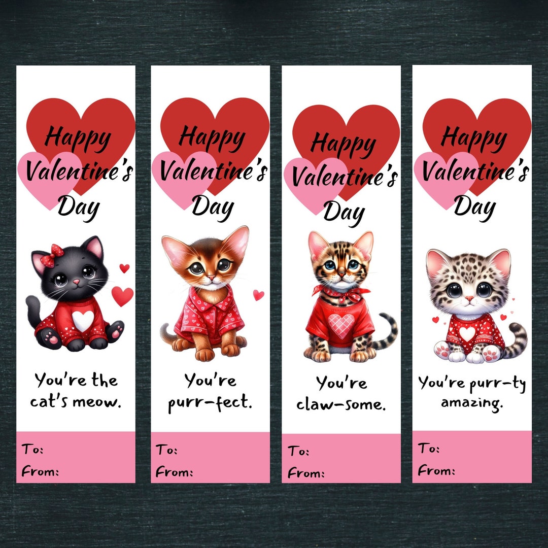 Cute Cat Valentine's Day Bookmark Cards for Kids, Animal Digital ...