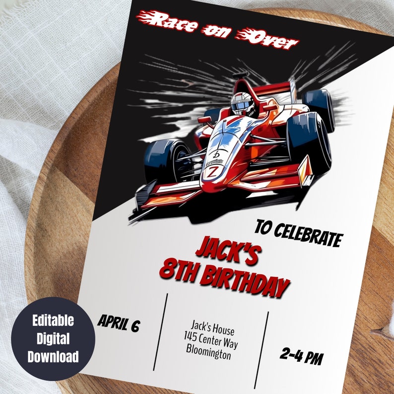 Editable Race Car Birthday Invitation, Race on Over Birthday Party ...