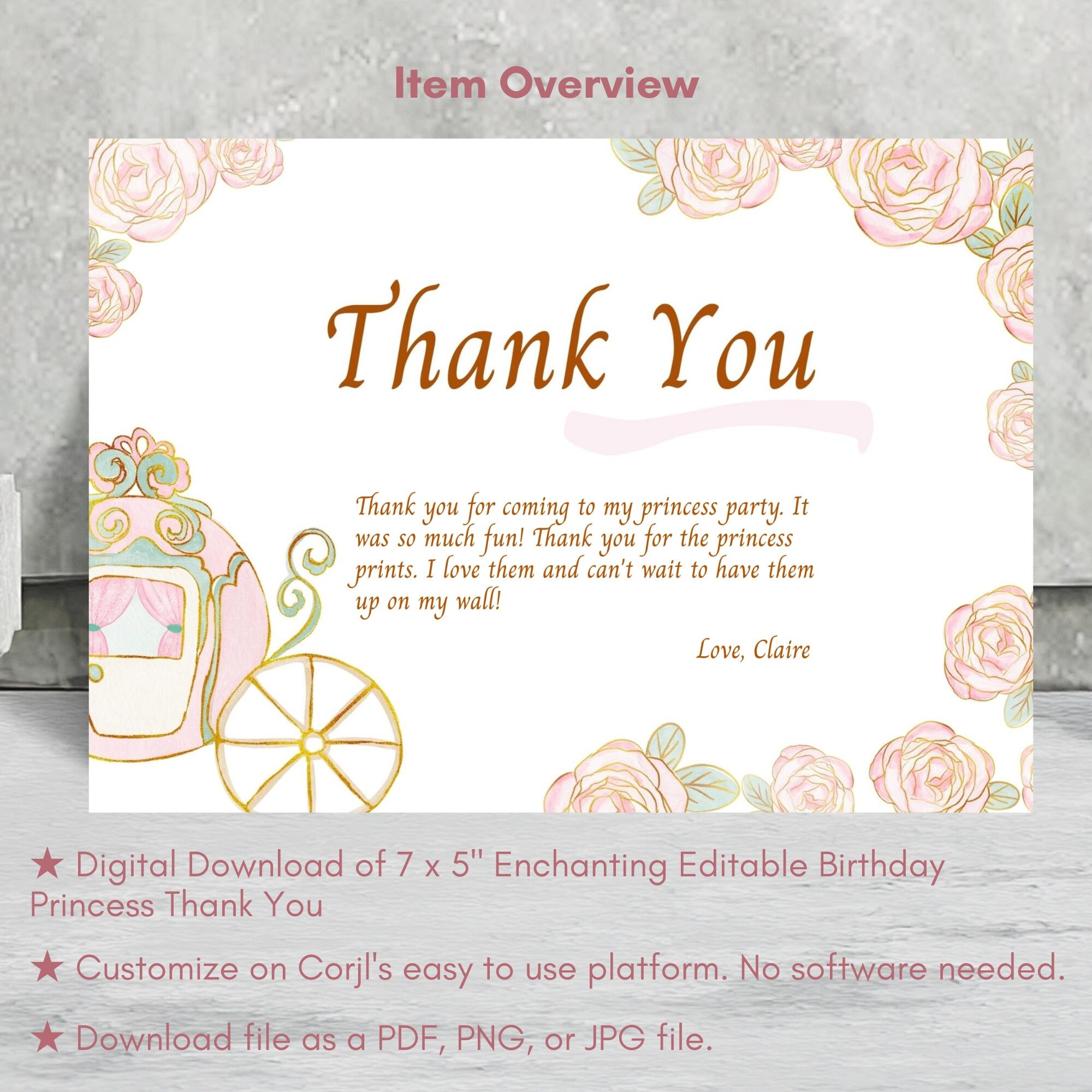 Editable Princess Thank You, Enchanting Birthday Thank You Card ...