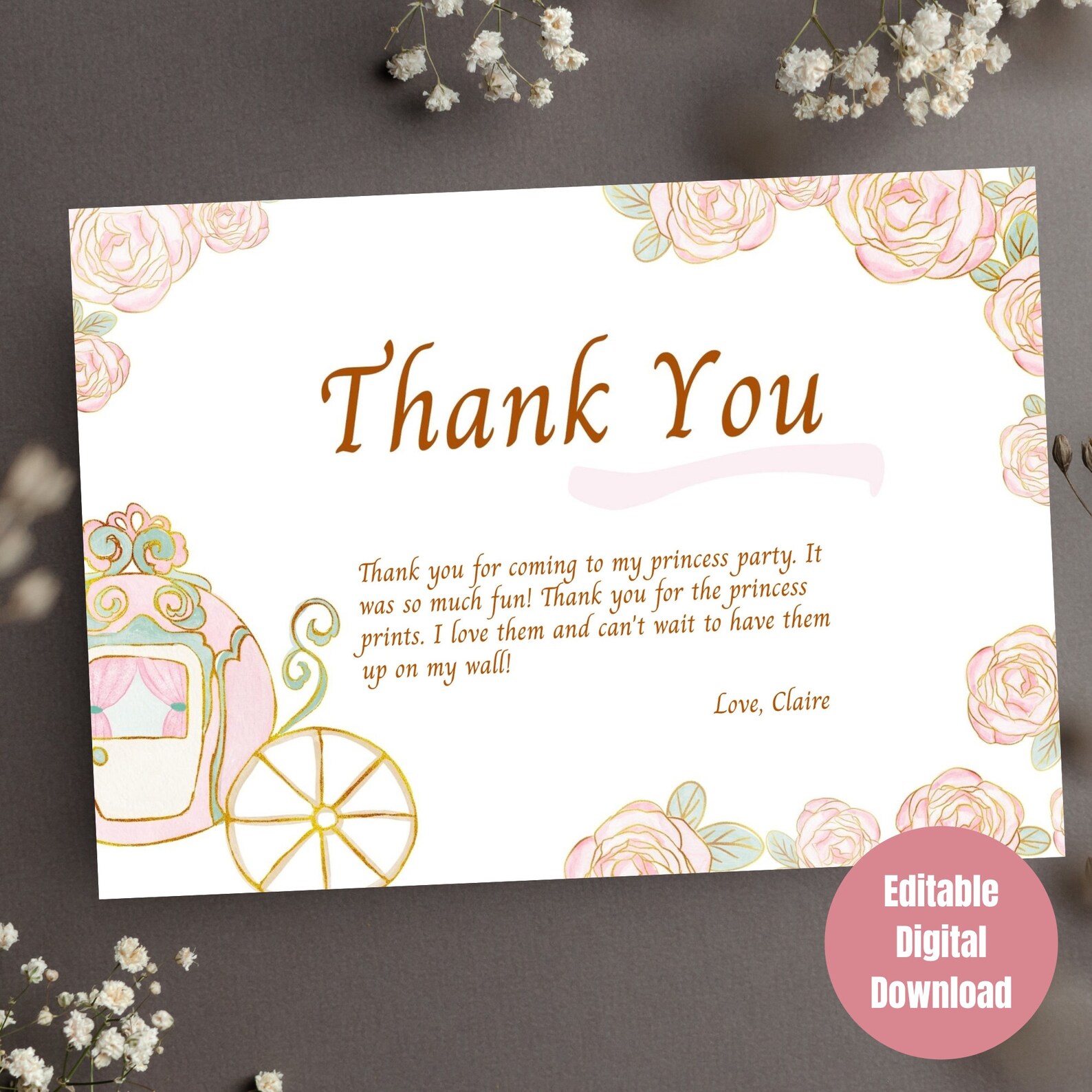 Editable Princess Thank You, Enchanting Birthday Thank You Card ...
