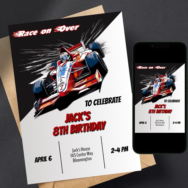 Editable Race Car Birthday Invitation, Race on Over Birthday Party ...