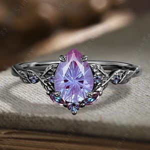 Vintage Pear Firework Cut Alexandrite Engagement Ring Unique Black Gold ...