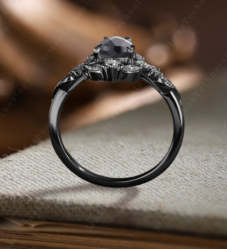 Pear Black Onyx Engagement Ring Set Unique Black Gold Matching Bridal ...