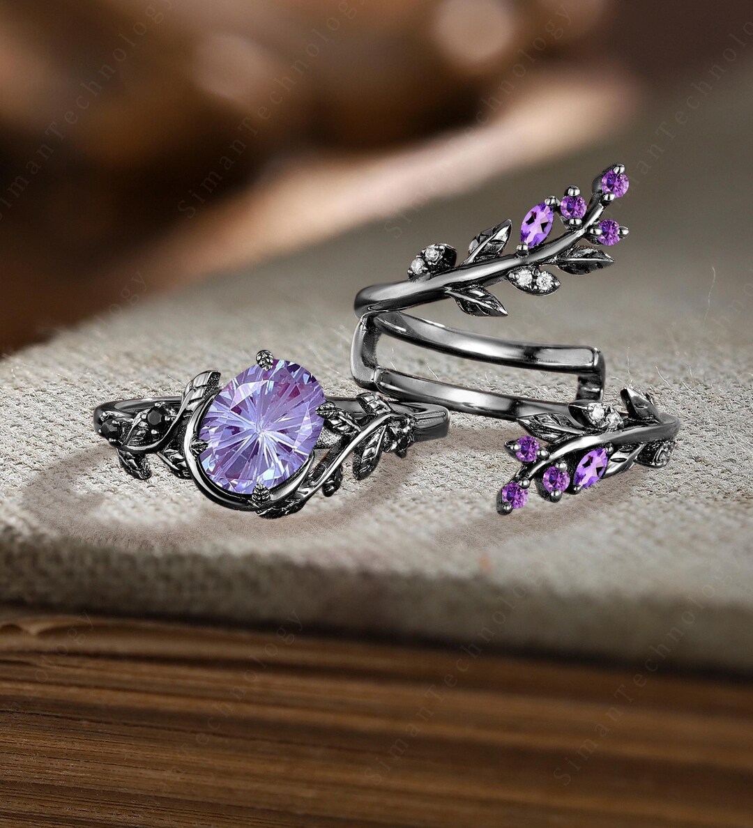 Nature Inspired Oval Firework Cut Alexandrite Bridal Set Unique 14K ...