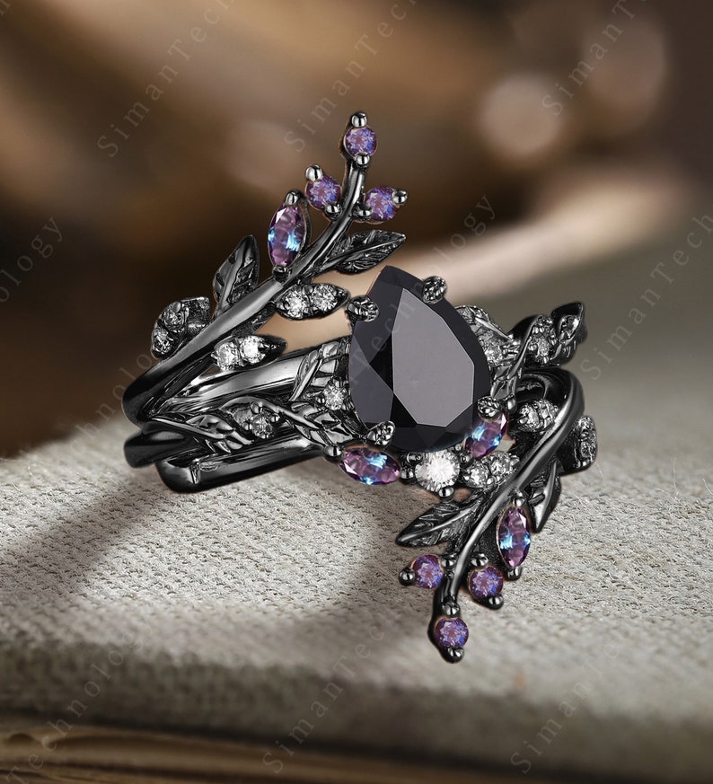 Pear Black Onyx Engagement Ring Set Unique Black Gold Matching Bridal ...