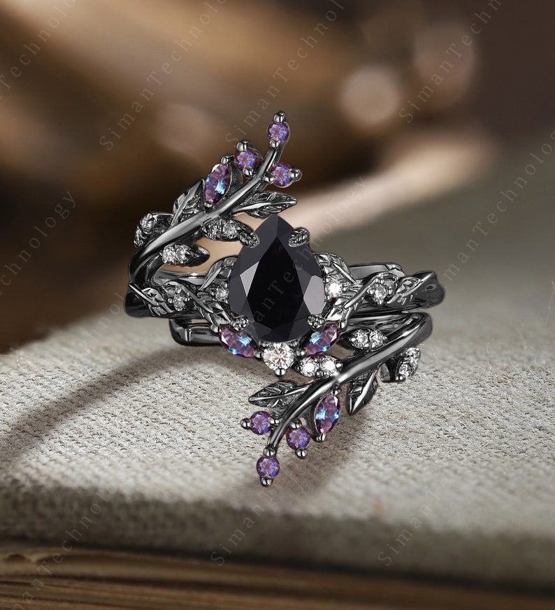 Pear Black Onyx Engagement Ring Set Unique Black Gold Matching Bridal ...