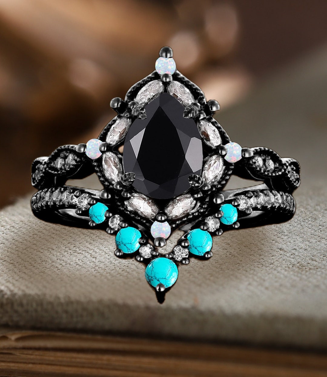 Vintage Gothic Black Onyx Engagement Ring 14K Black Gold Cluster ...