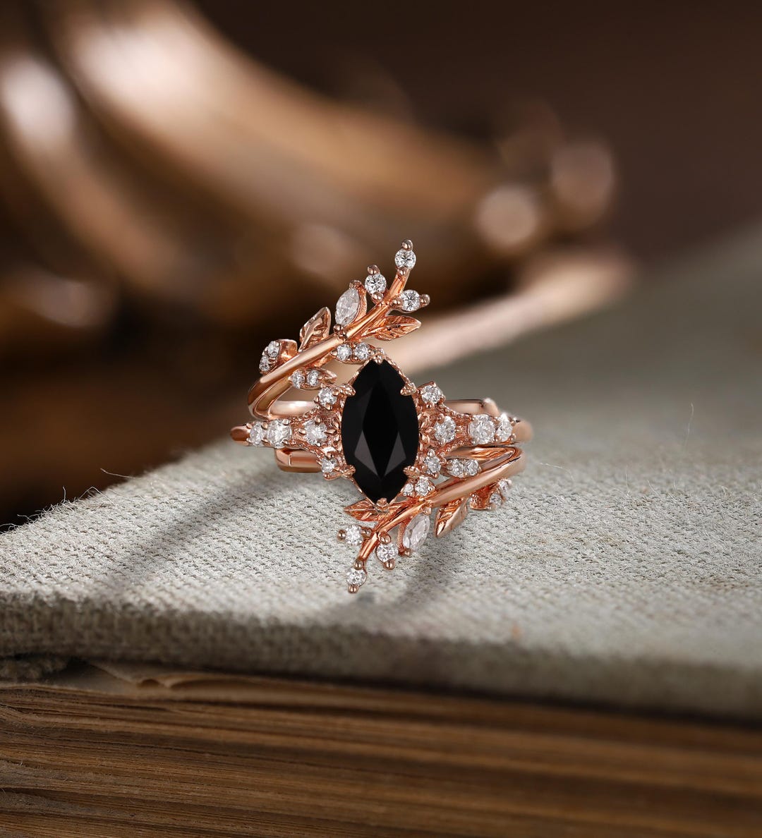 Unique Marquise Cut Black Onyx Engagement Ring Set 10K/14K Rose Gold ...