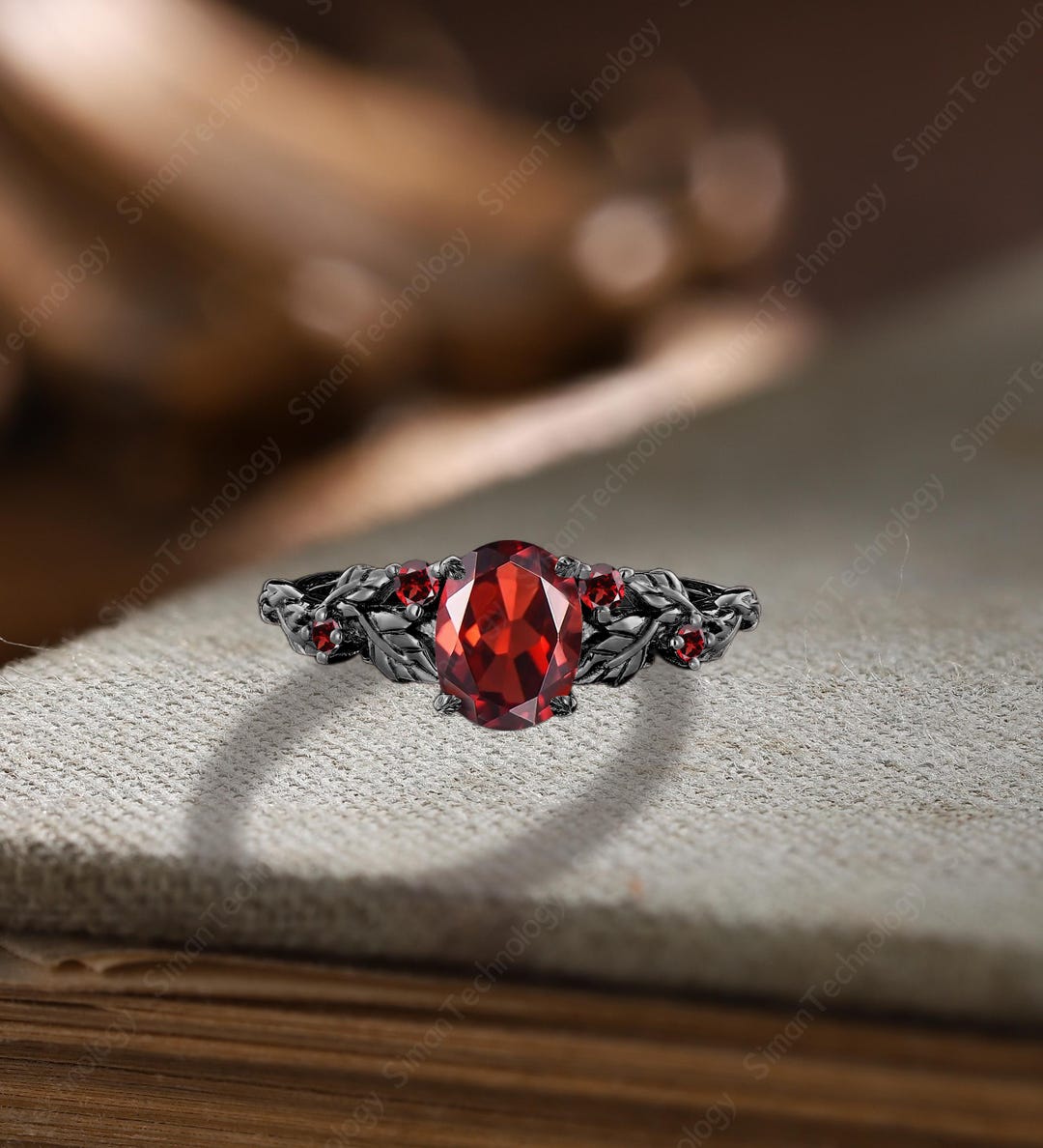 Dainy Oval Shaped Garnet Engagement Ring 10K/14K Black Gold Half ...