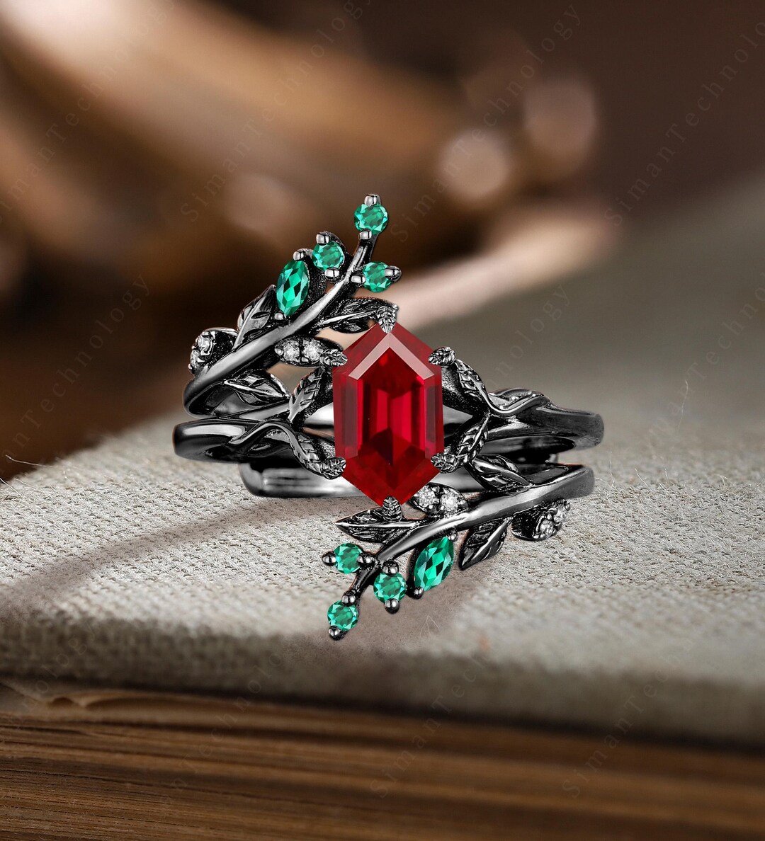 Vintage Hexagon Ruby Engagement Ring Gothic 14K Black Gold Branch Stack ...