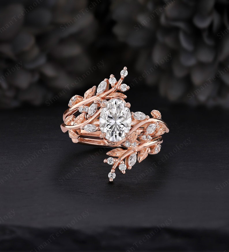 Oval Moissanite Floral Engagement Ring Set Rose Gold Diamond Wedding ...
