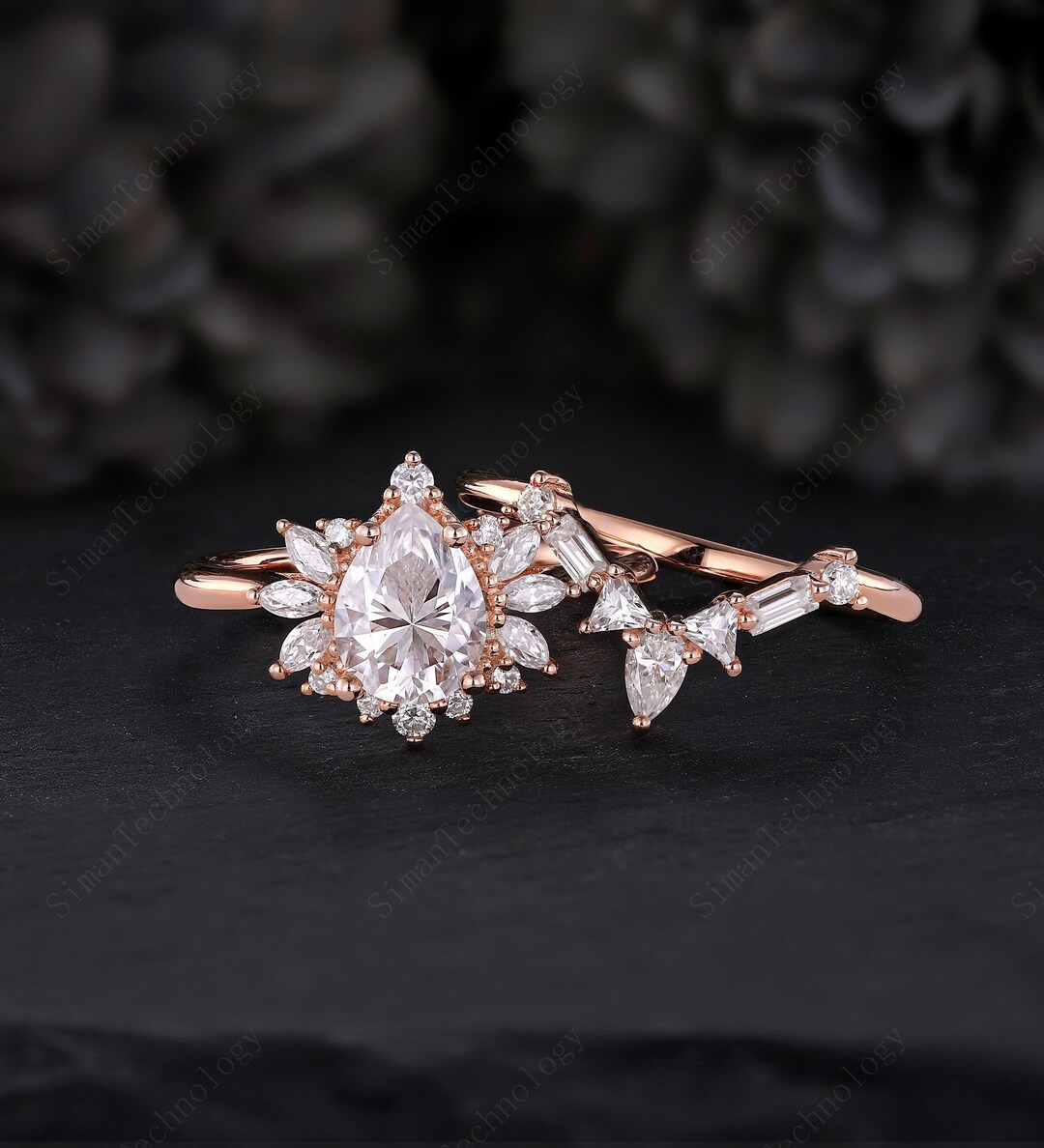 Vintage Pear Moissani Engagement Ring, Marquise Moissanite Cluster Ring, Rose Gold Baguette Ring ...
