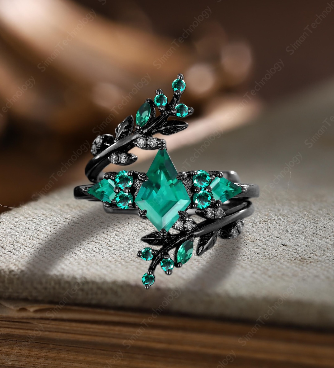 Gothic Kite Cut Emerald Engagement Ring Art Deco Solid 14K Black Gold ...