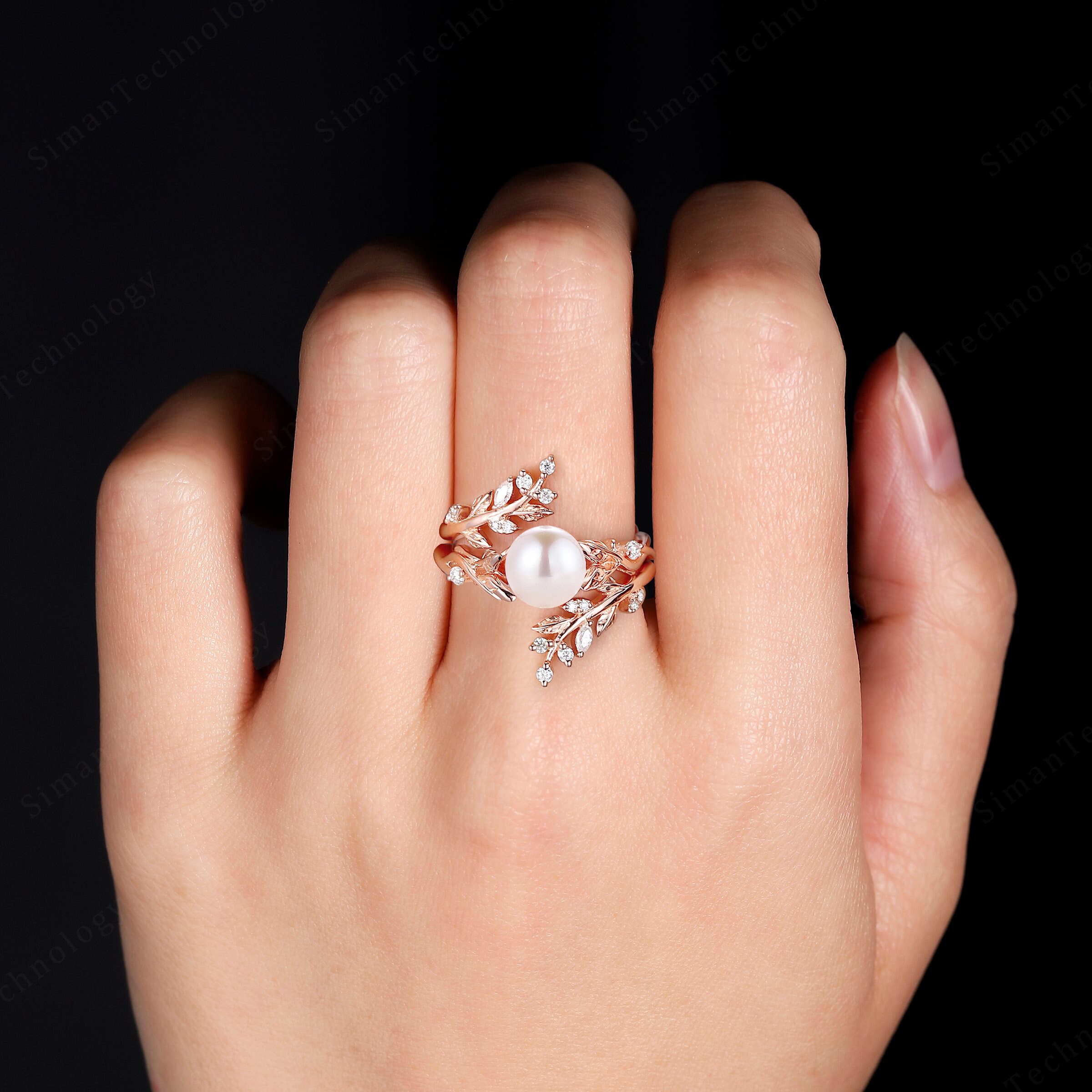 Unique Pearl Tree Branch Engagement Ring Set Vintage Set Leaf Rose Gold ...