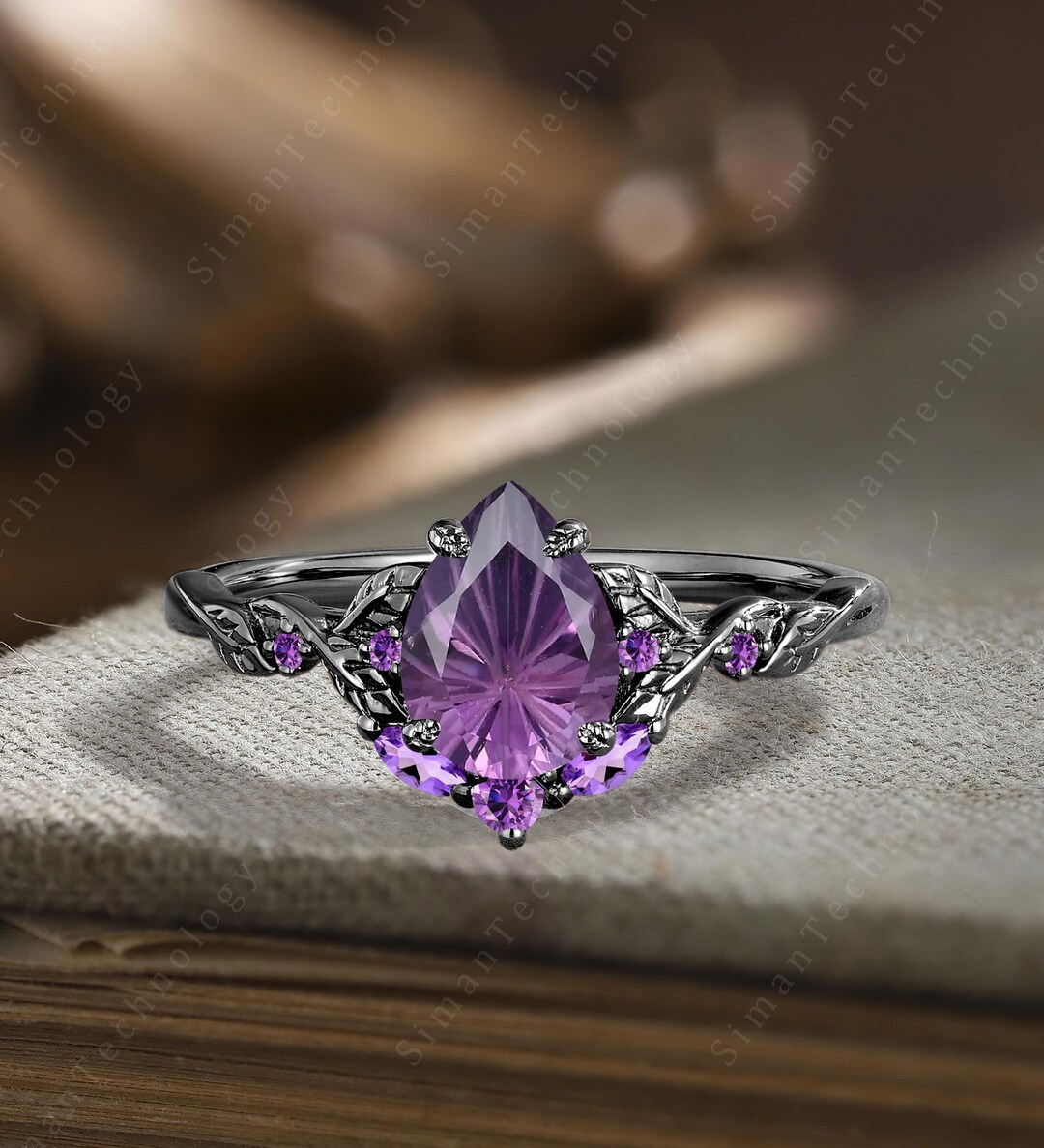 14K Black Gold Pear Firework Cut Amethyst Engagement Ring Art Deco ...