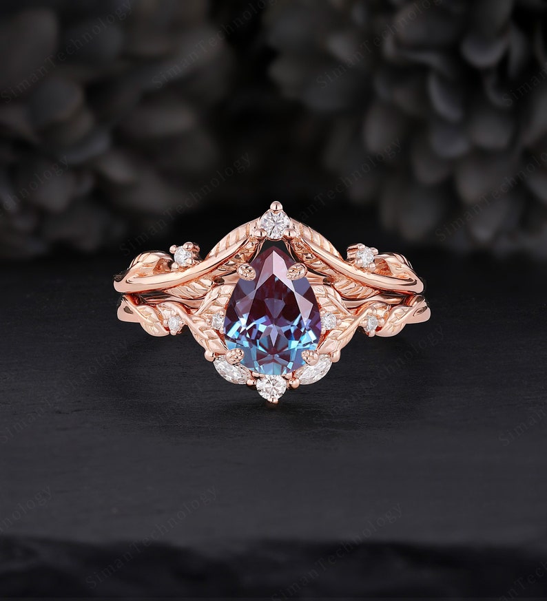 Unique Alexandrite Engagement Ring Setwomen Rose Gold Diamond Wedding ...