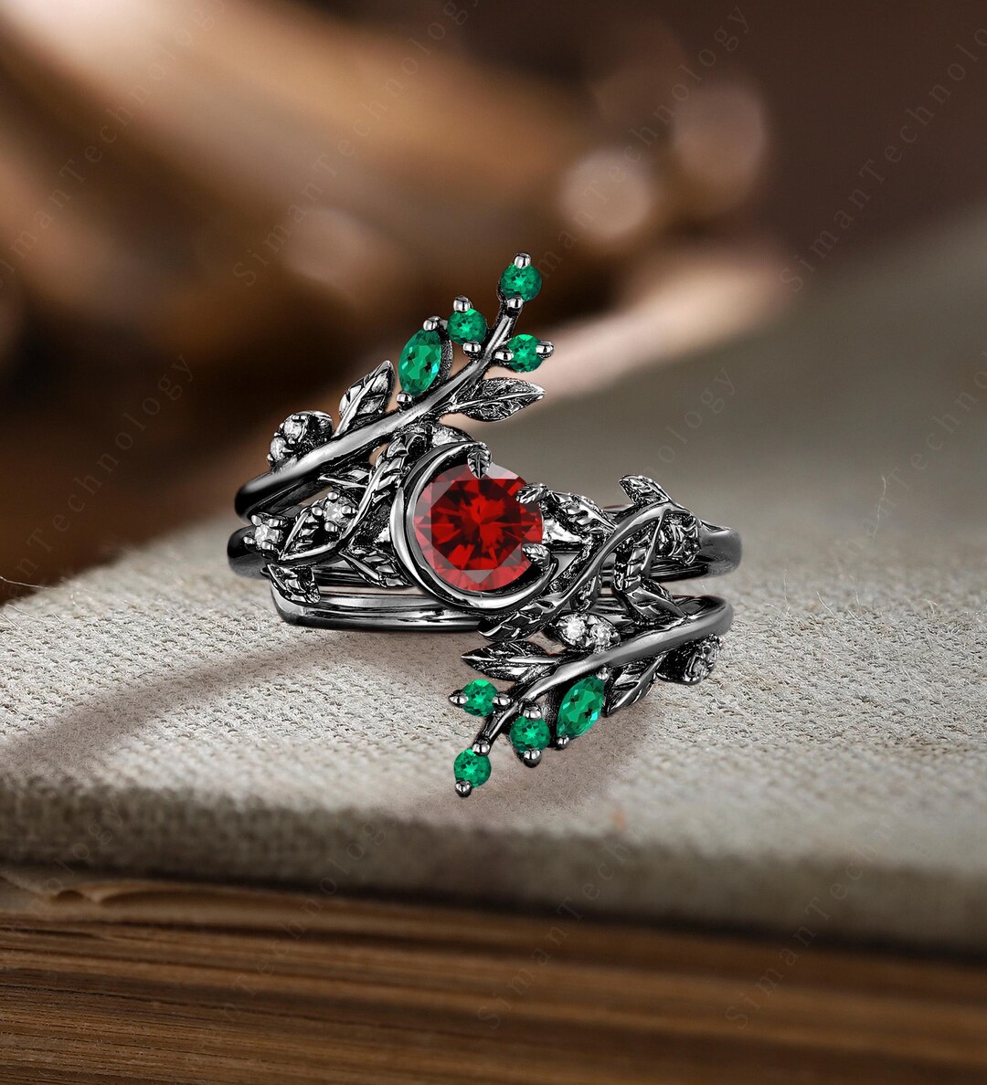Gothic Black Gold Round Ruby Engagement Ring Moon Star Design Propose Ring Leaf Branch Cluster ...
