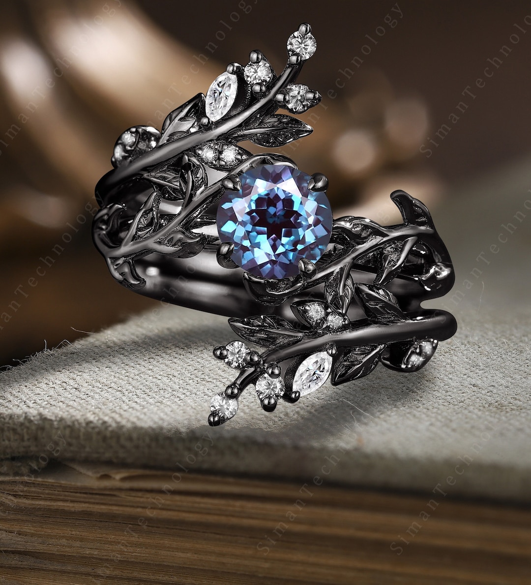 Vintage Black Gold Alexandrite Leaf Engagement Ring Set Gothic Vine ...