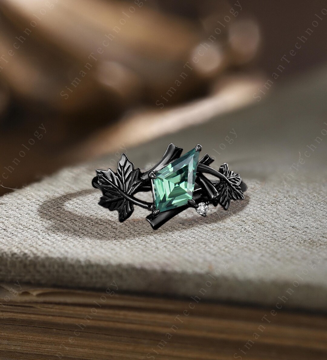 Vintage Gothic Kite Cut Teal Sapphire Engagement Ring Unique 14K Black ...