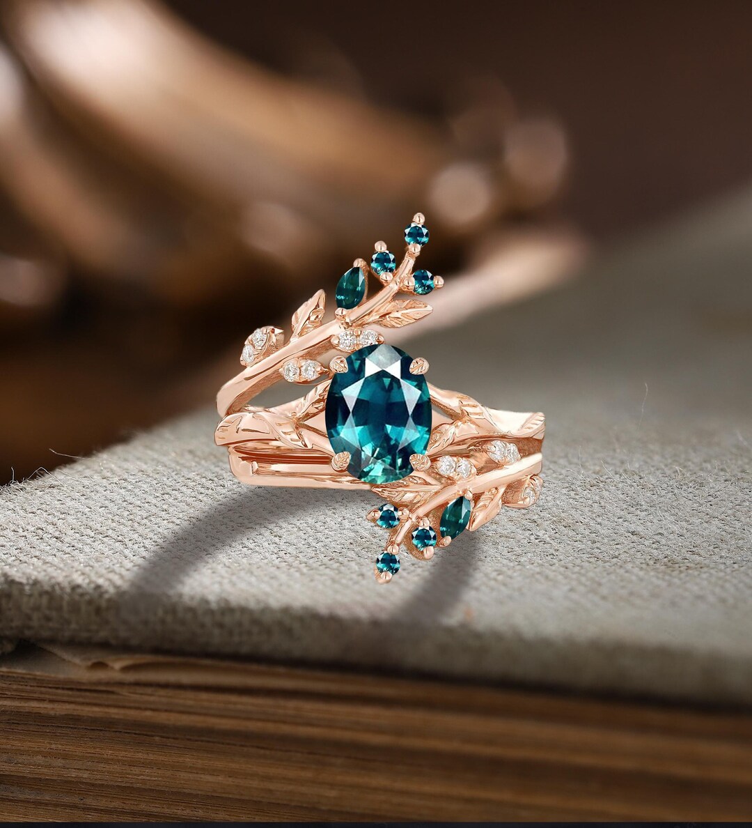 Oval Shaped Teal Sapphire Engagement Ring Vintage Twig Branch Bridal ...