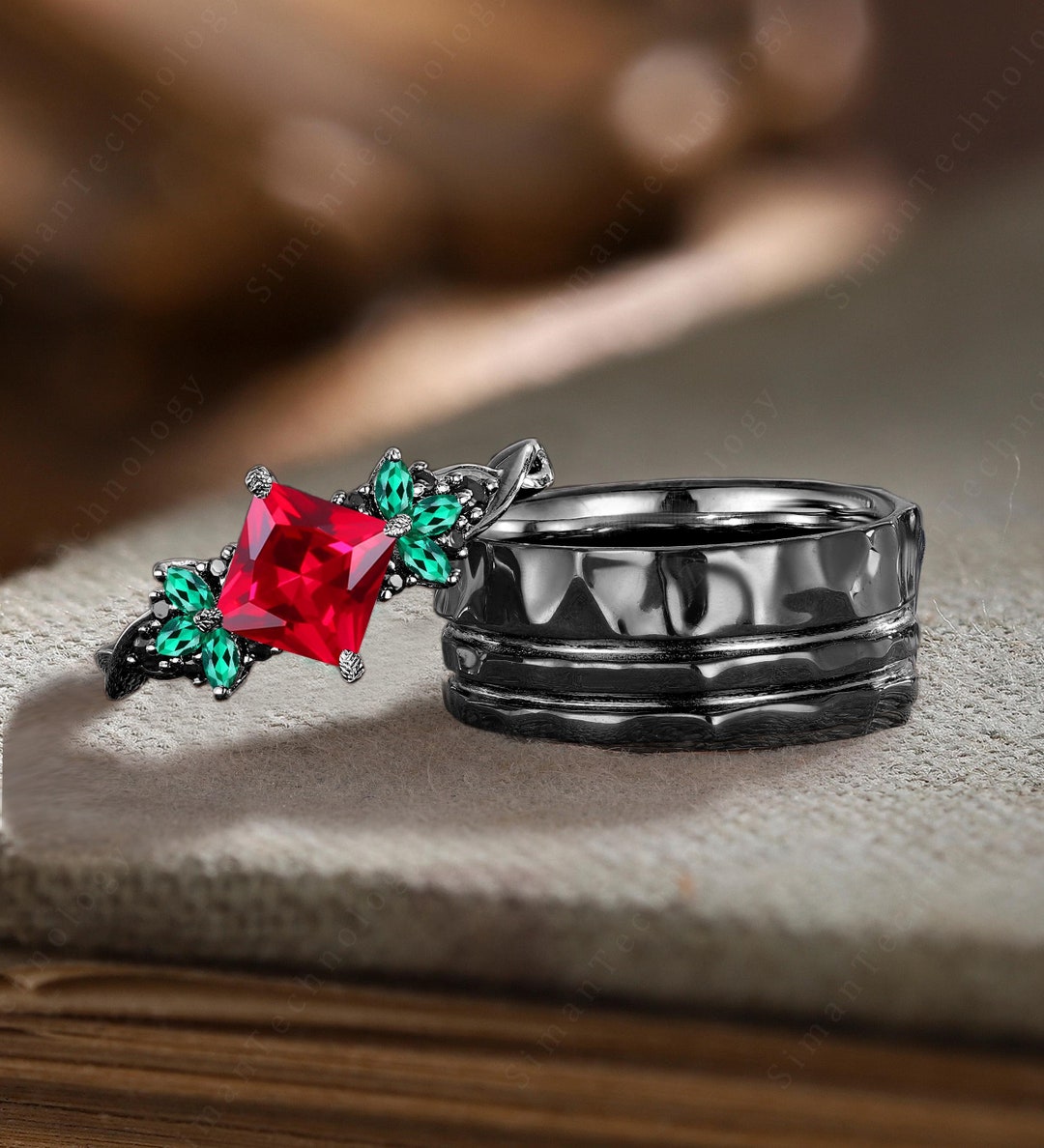 Dainty Princess Cut Ruby Couples Ring Set Unique His and Hers Matching ...