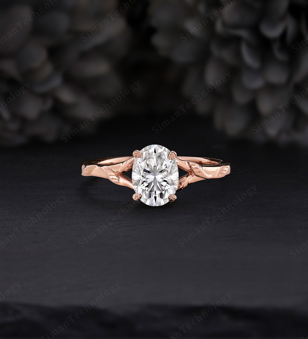 Unique Oval Moissanite Leaf Engagement Ring, Art Deco Women Rose Gold ...