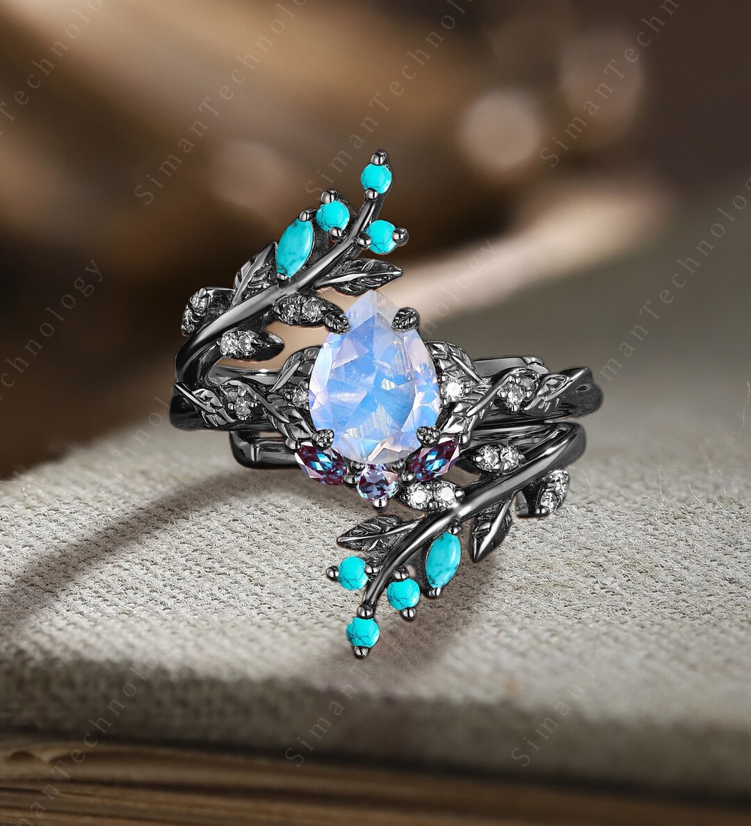 Vintage Gothic Moonstone Engagement Ring Set Unique Black Gold Enhance ...