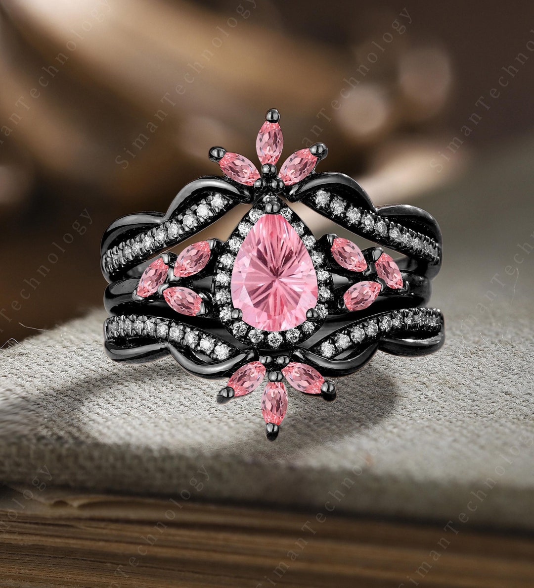 Art Deco Pear Firework Pink Sapphire Engagement Ring Set Black Gold ...