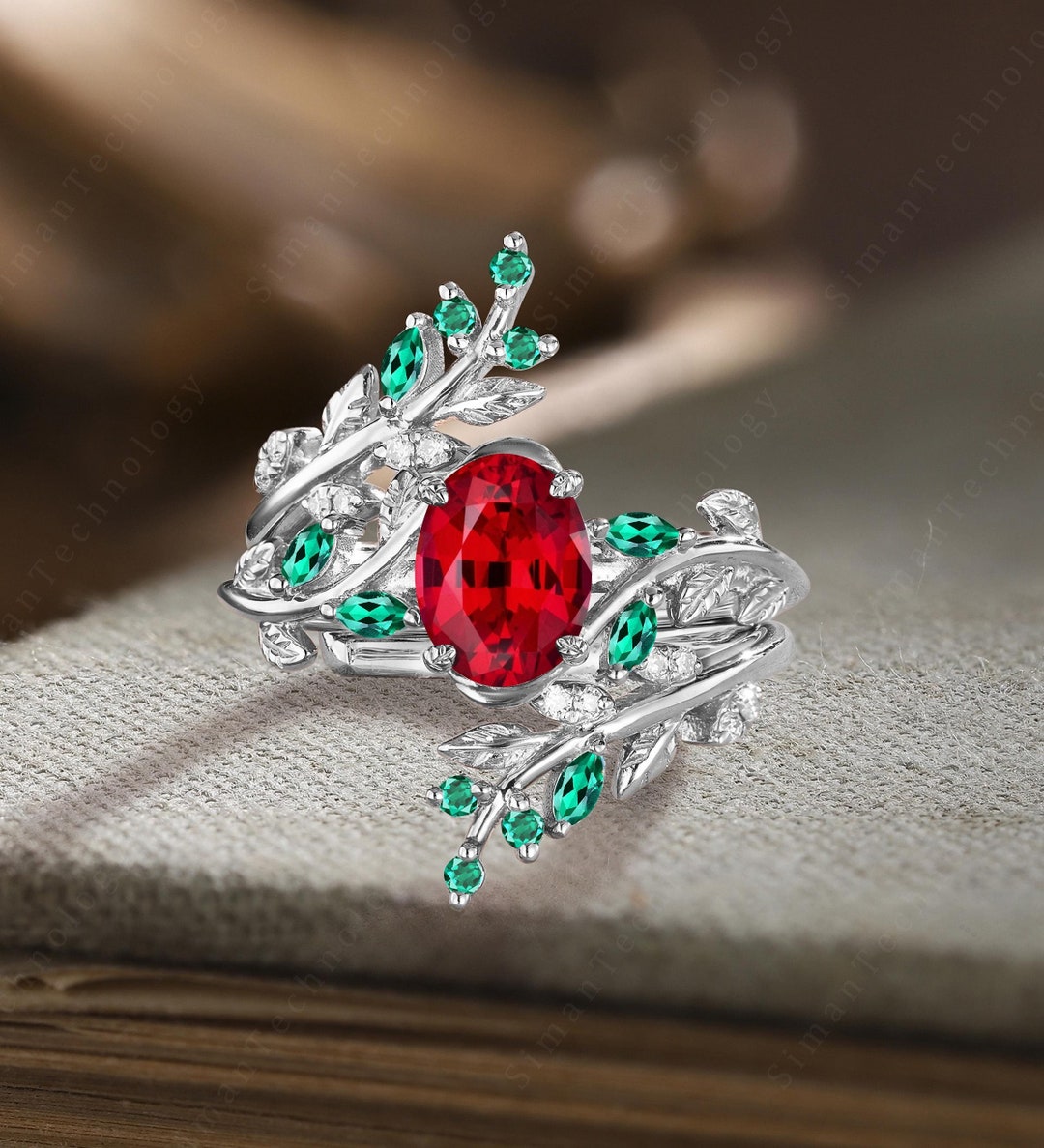 Unique Oval Cut Ruby Bridal Set 14K White Gold Leaf Branch Engagement ...
