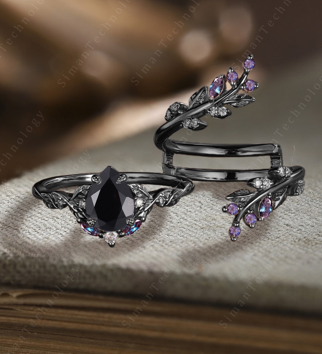 Pear Black Onyx Engagement Ring Set Unique Black Gold Matching Bridal ...