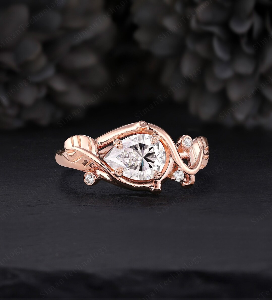 Vintage Moissanite Tree Branch and Leaves Engagement Ring Rose Gold ...
