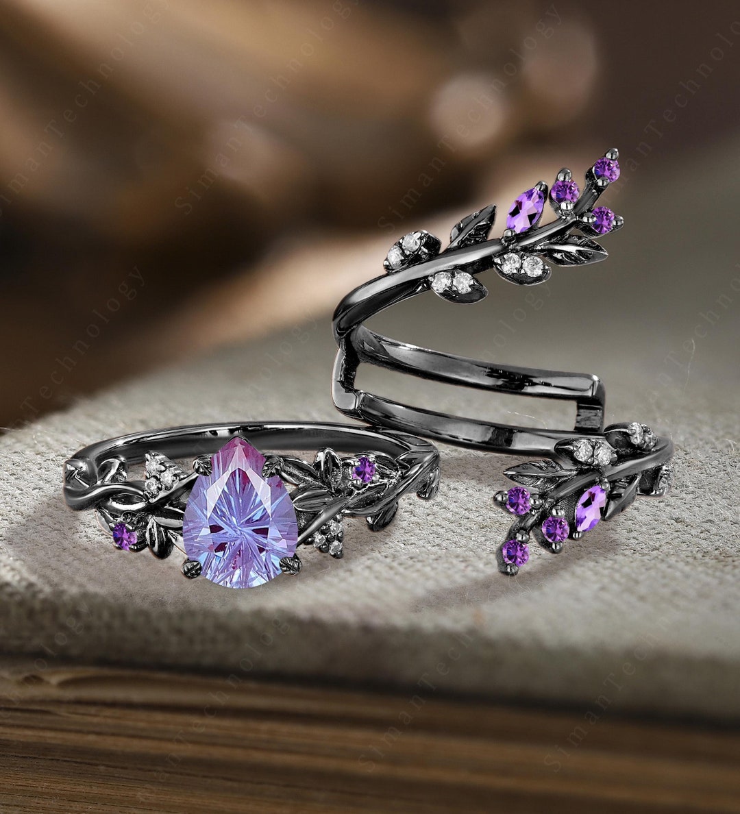 Pear Firework Cut Alexandrite Engagement Ring Black Gold Half Eternity ...