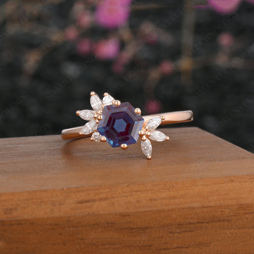 Hexagon Shape Alexandrite Bride Wedding Ring, Rose Gold Ring, Marquise ...