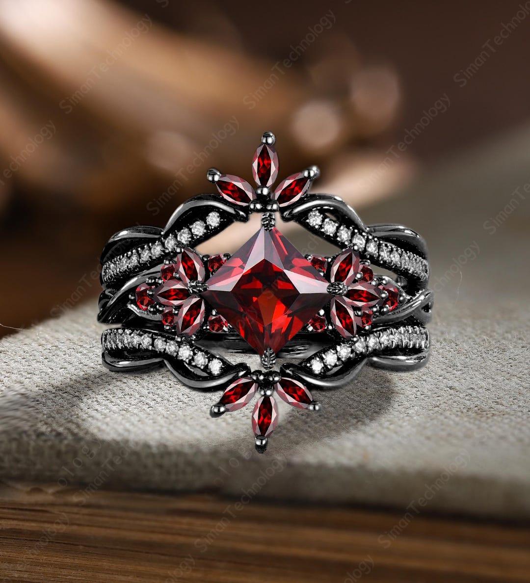 Vintage Princess Cut Garnet Engagement Ring Set 10K/14K Black Gold ...
