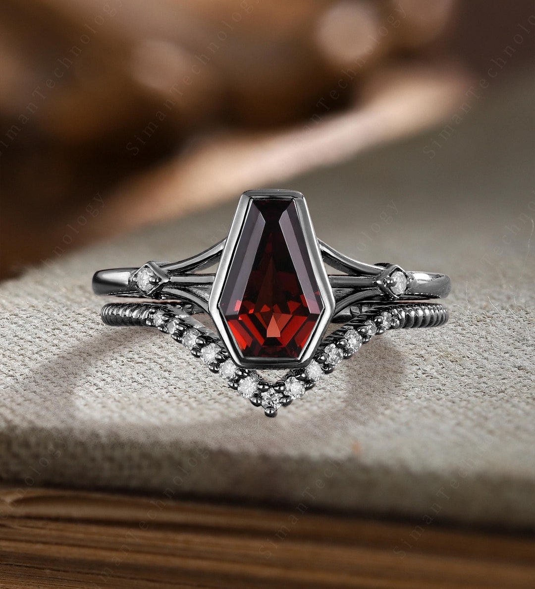 Art Deco Coffin Garnet Engagement Ring Set Unique Half Eternity Bridal ...