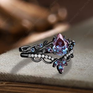 Pear Shaped Alexandrite Engagement Ring Set Vintage 14K Black Gold ...