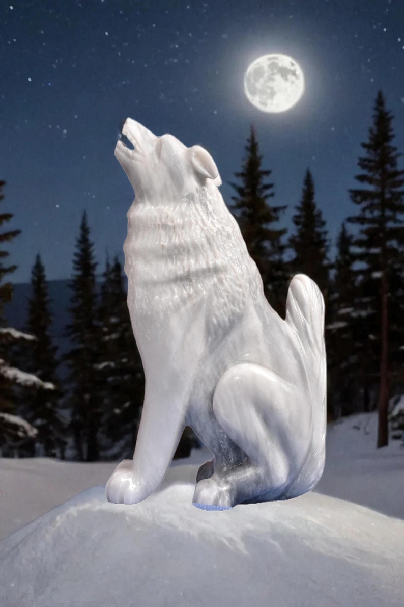 Handcrafted Marble Wolf Sculpture Elegant White Moonlight Howling Wolf ...
